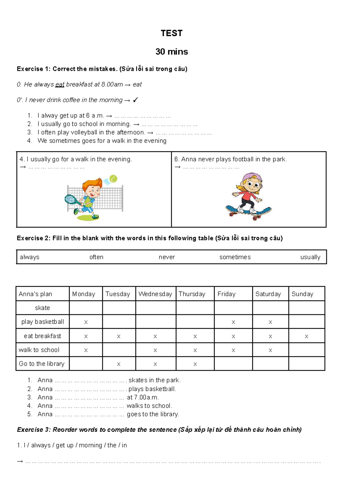 Tiếng Anh Tiểu Học: TEST 30 Mins Exercise Corrections & Reordering ...