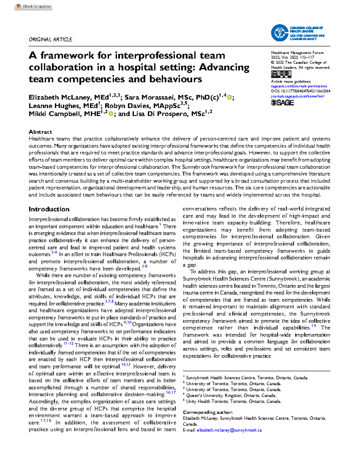 "Advanced Framework for Interprofessional Team Collaboration in ...