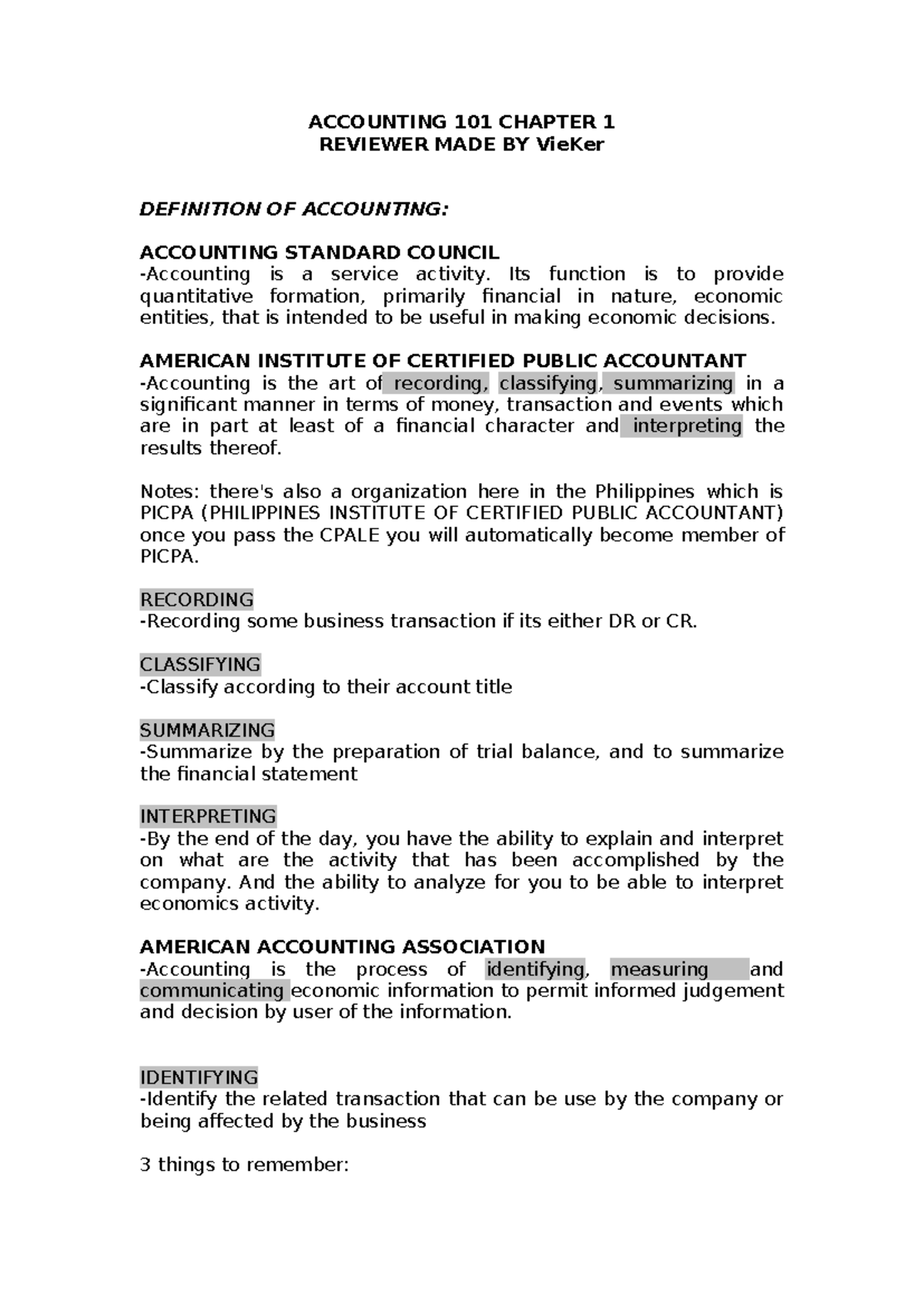 ACCOUNTING 101 CHAPTER 1 REVIEWER: FOUNDATIONS OF ACCOUNTING - Studocu