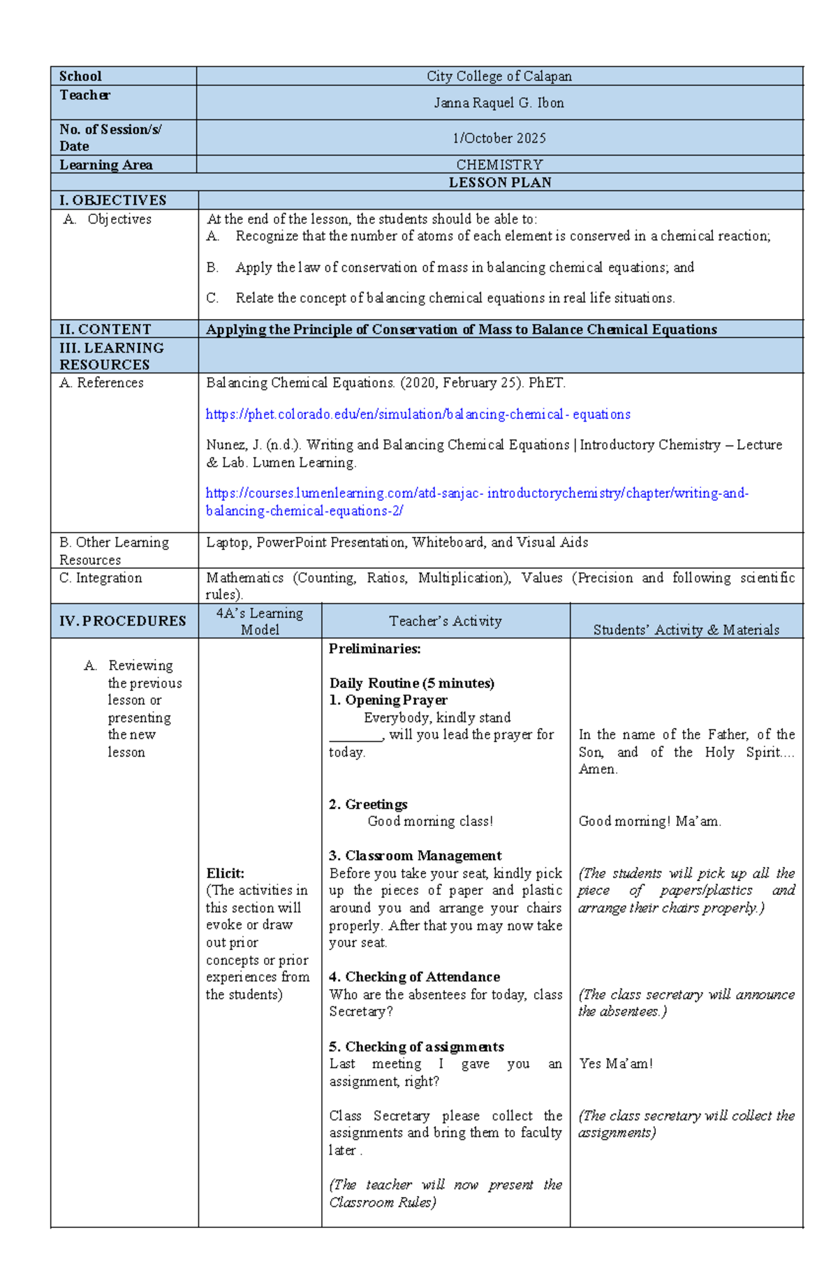 LP FOR CHEM 123133 - Lesson Plan on Balancing Chemical Equations - Studocu