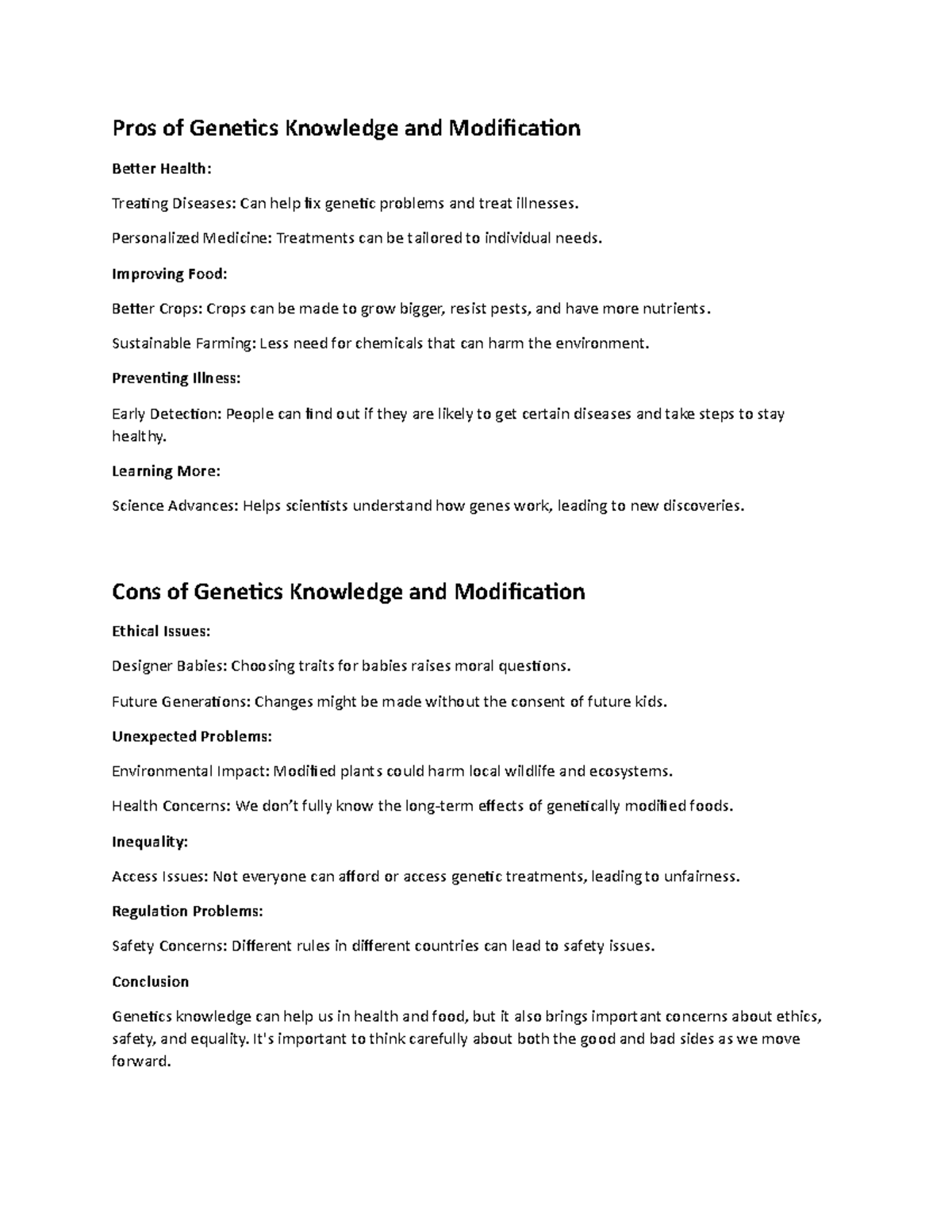 Genetics 101: Pros and Cons of Genetic Knowledge and Modification - Studocu