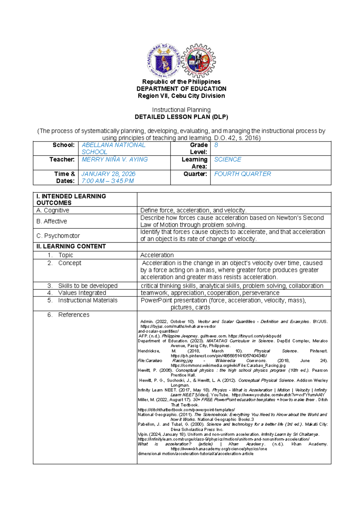Detailed Lesson Plan (DLP) on Acceleration for Grade 8 Science - Studocu