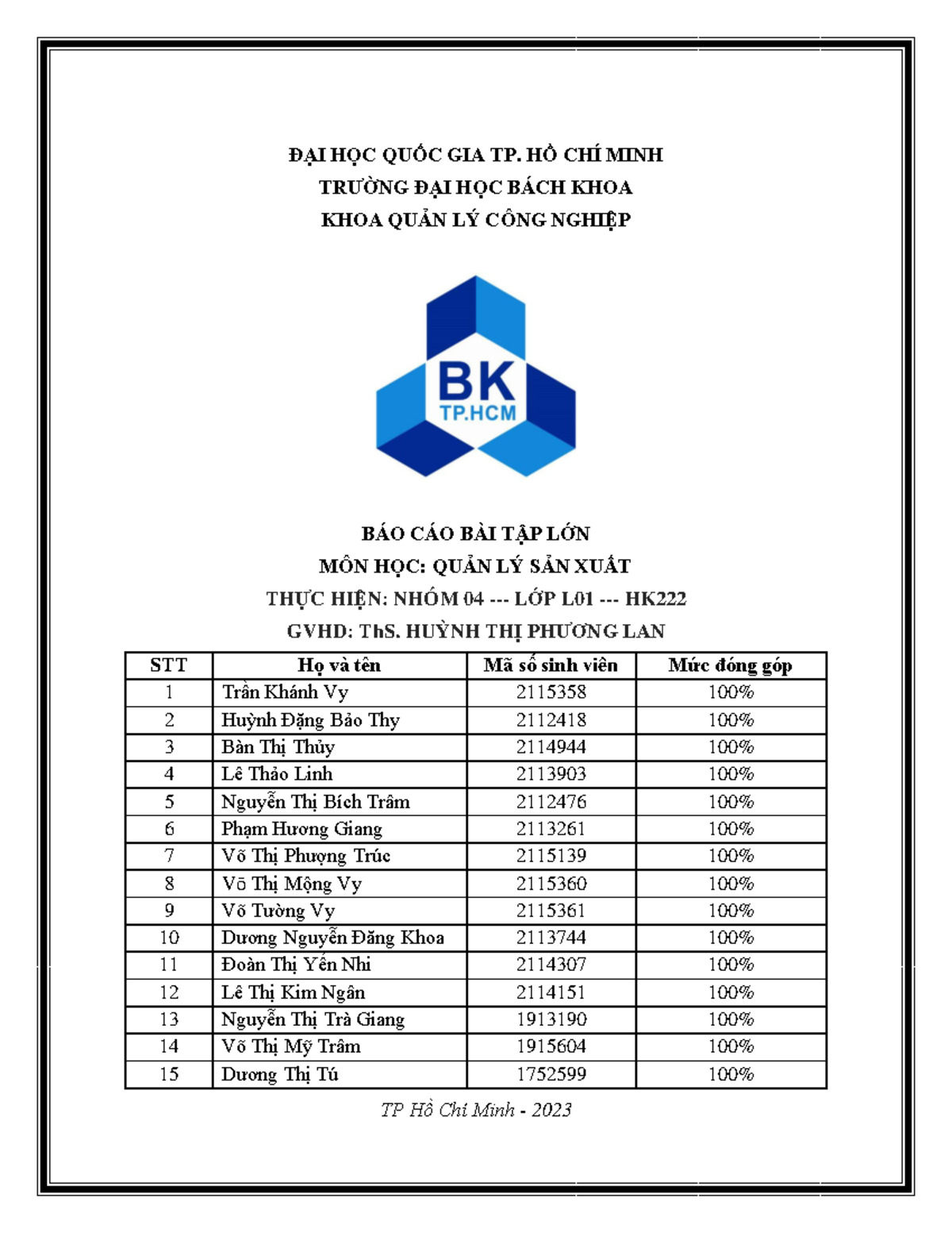 QLSX - BTL - NHÓM 4 - L01 - Báo cáo Bài tập lớn Quản lý sản xuất 2022-2023 - Studocu
