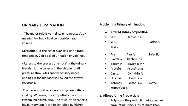 URINARY ELIMINATION: Homeostasis & Voiding Mechanisms - Studocu