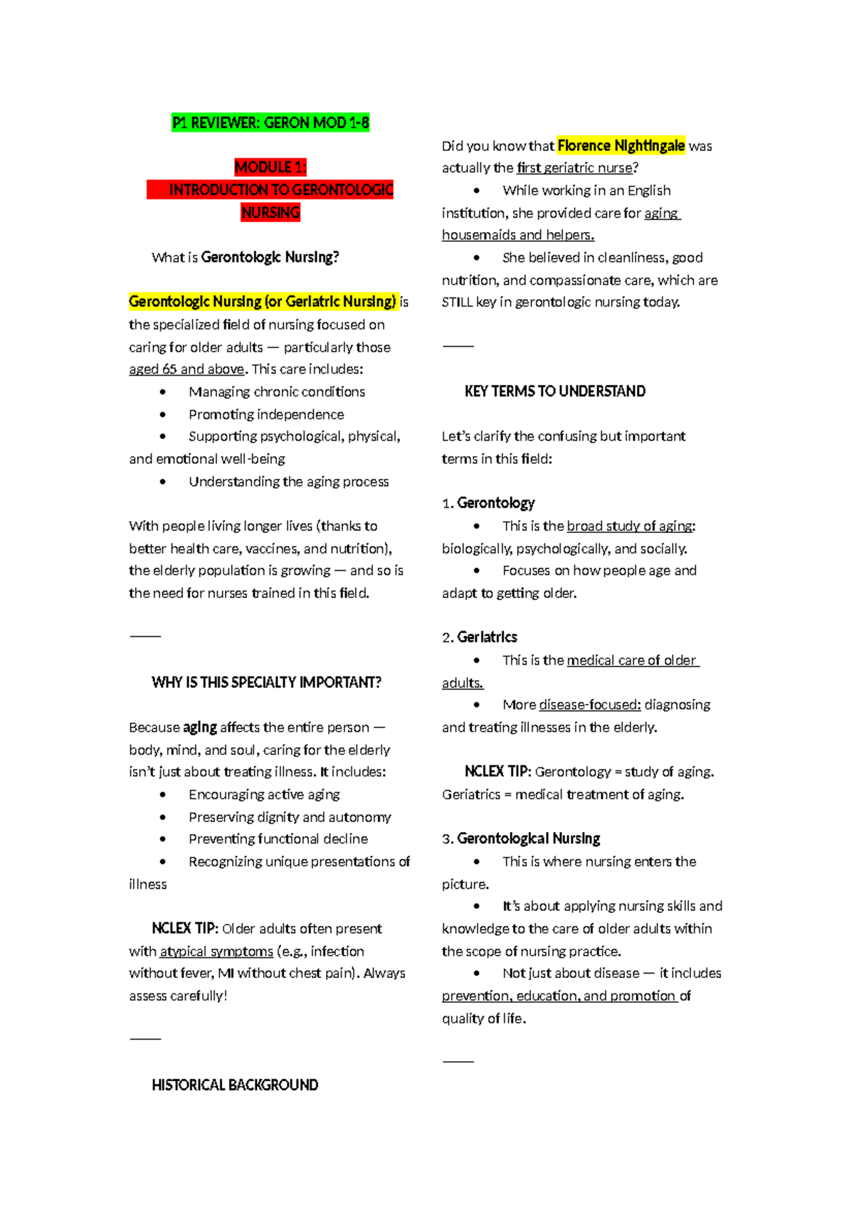 P1 REVIEWER: GERON MOD 1 - INTRO TO GERONTOLOGIC NURSING - Studocu
