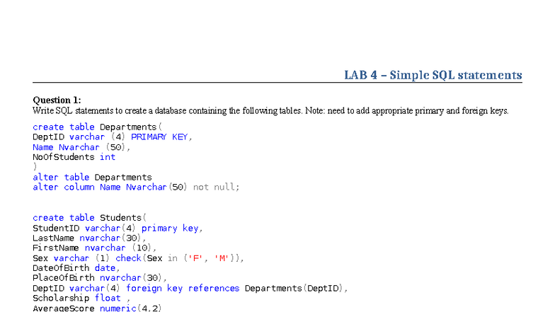 LAB 4 SE183037 SQL Statements for Database Creation and Queries - Studocu