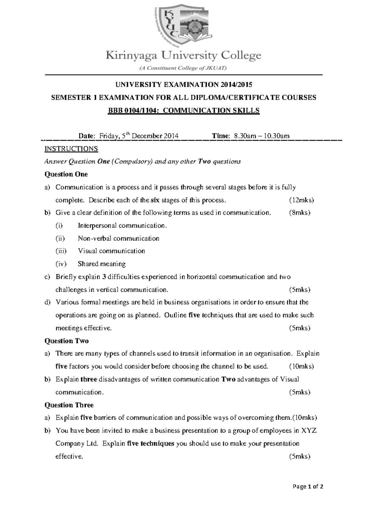 BBB 0104/1104 Semester I 2014 Communication Skills Exam Paper - Studocu