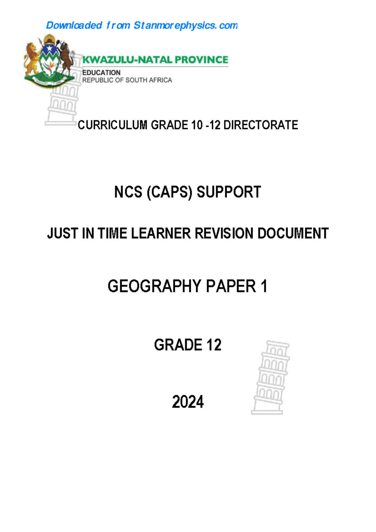 KZN Geography Grade 12 JIT Last Push Learner P1 2024 - CURRICULUM GRADE ...