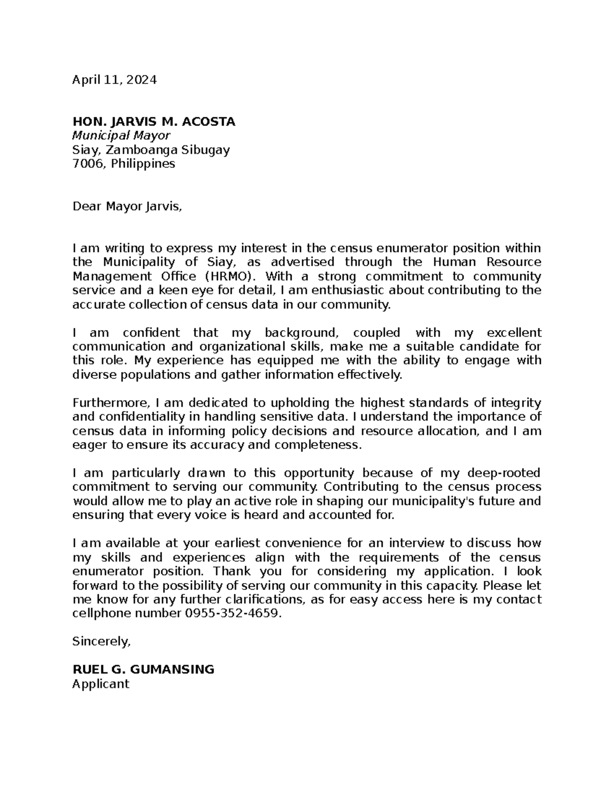 Census Enumerator Application Letter - Ruel G. Gumansing - Studocu
