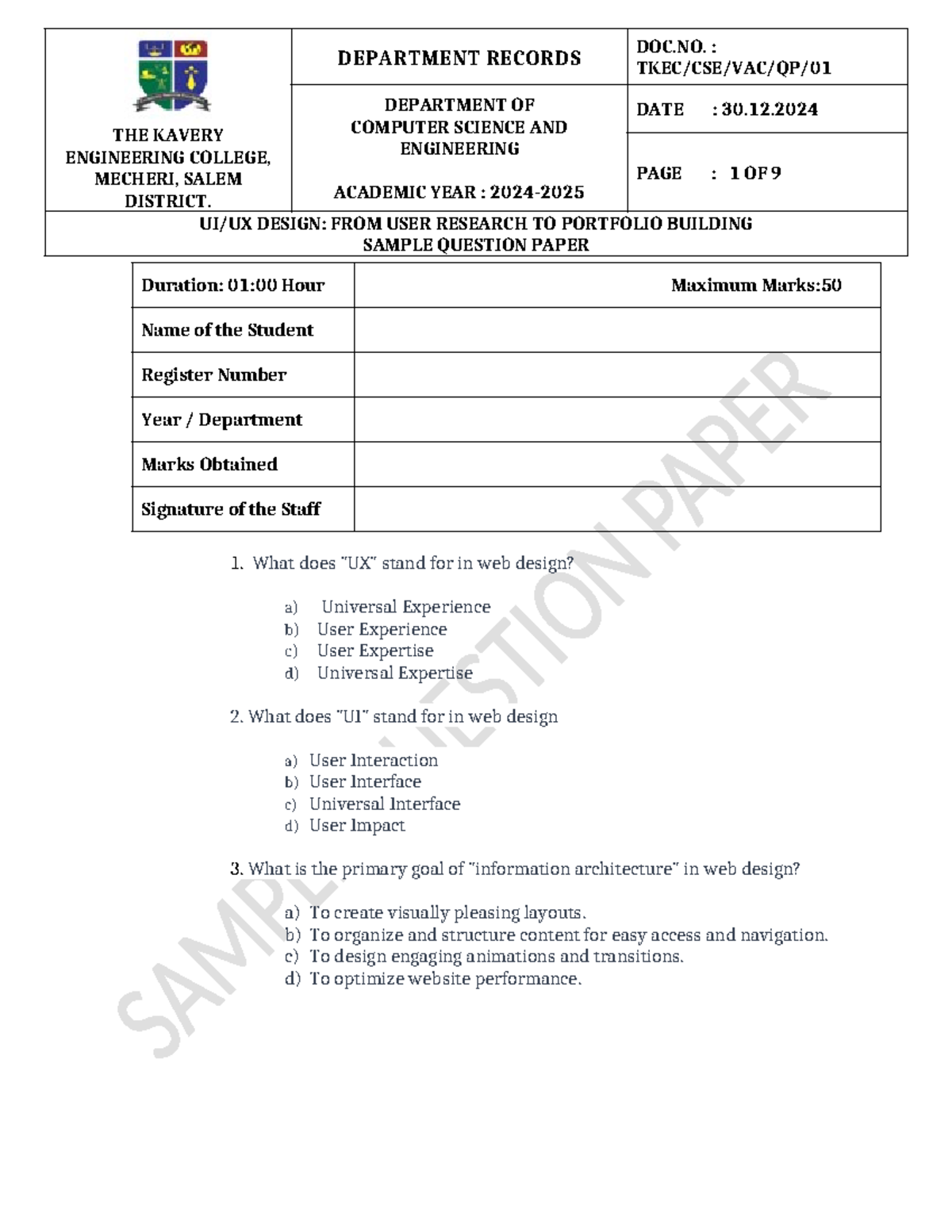CSE 101: Sample Question Paper on Web Design Principles - Studocu