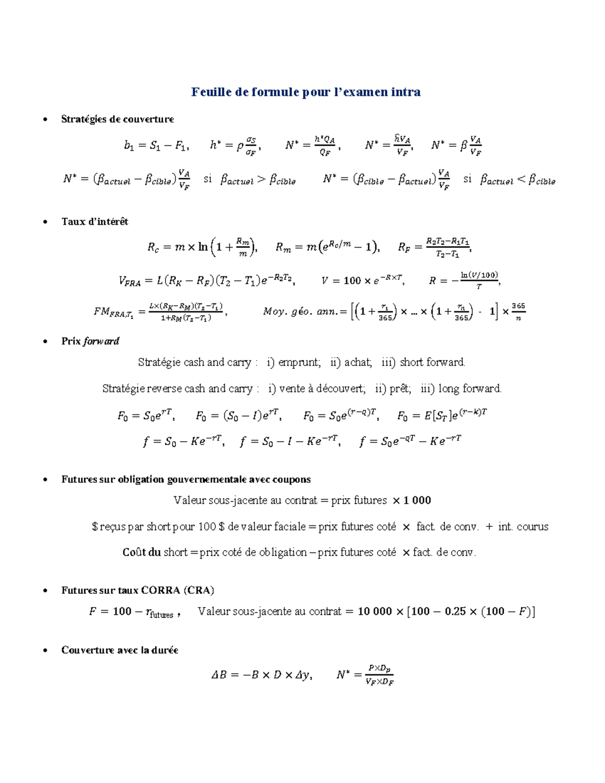 A feuille formules intra - Feuille de formule pour l’examen intra ...