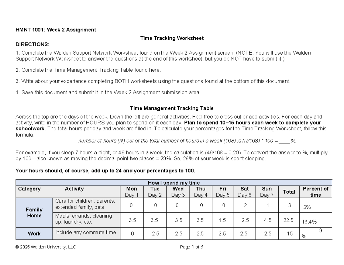 HMNT 1001: Week 2 Time Tracking & Support Network Worksheet - Studocu