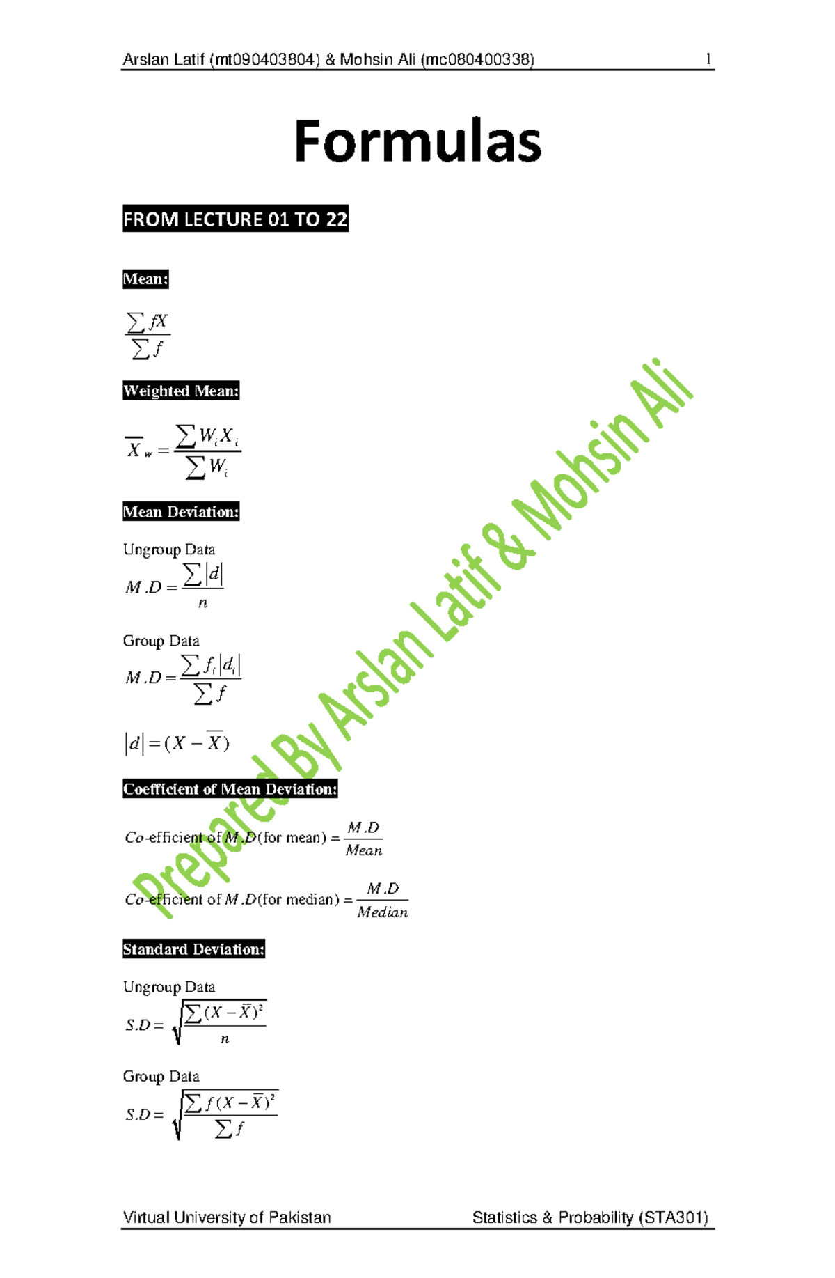 STA301 Formulas All formulas from handouts - Formulas FROM LECTURE 01 ...