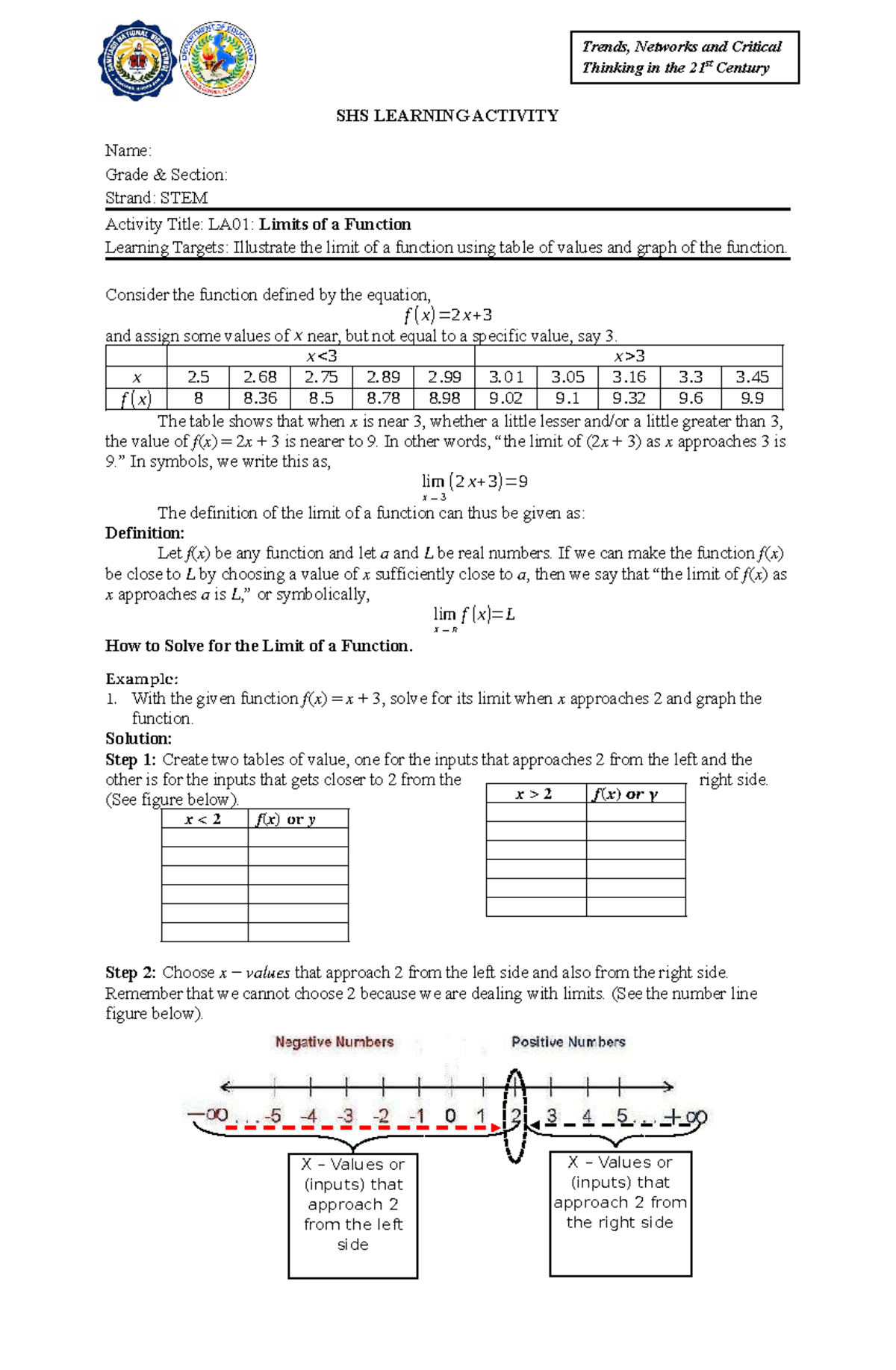 Basiccal LAS01 - It's all about basic calculus - SHS LEARNING ACTIVITY Name: Grade & Section ...