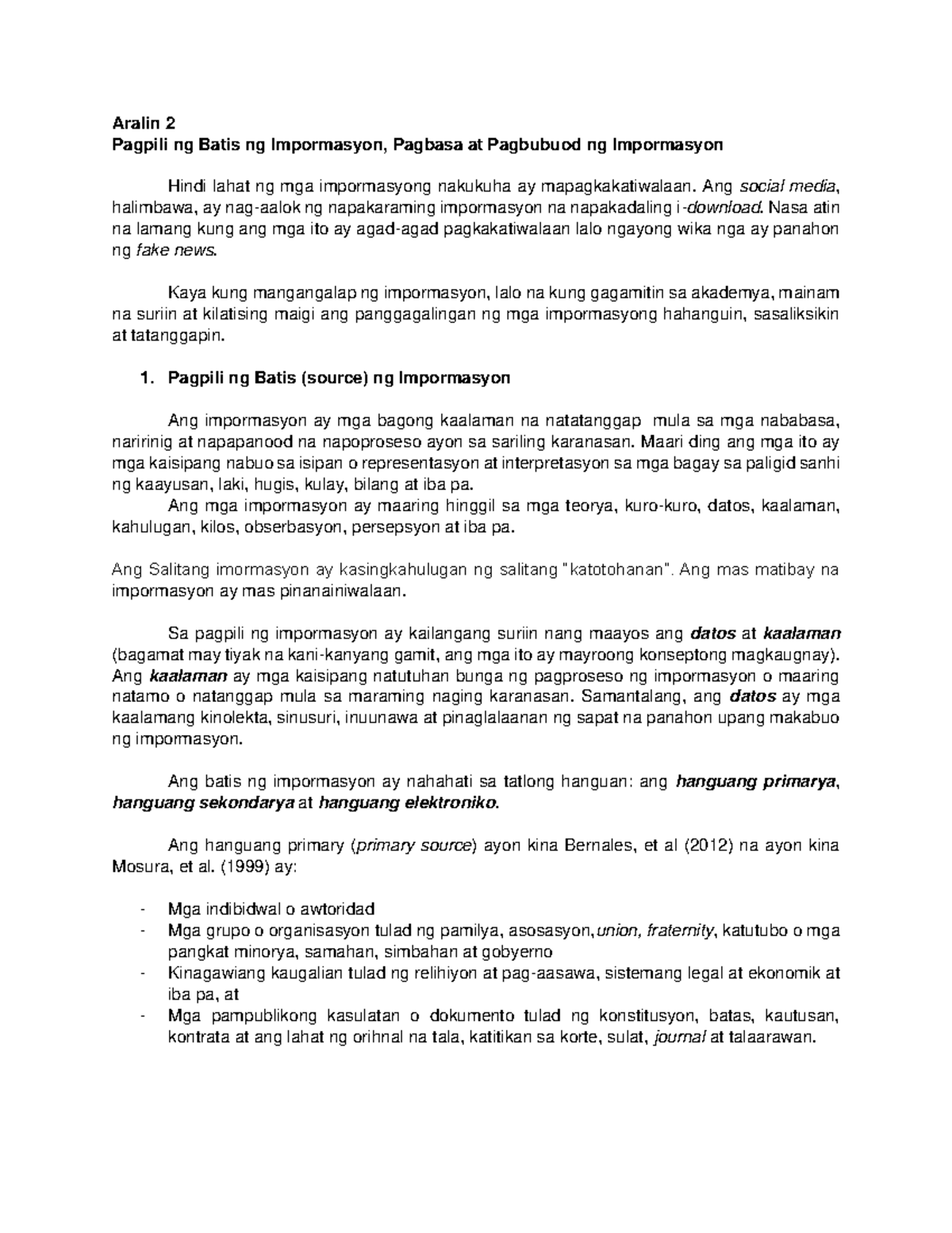 Aralin 2: Pagpili ng Batis, Pagbasa at Pagbubuod ng Impormasyon - Studocu
