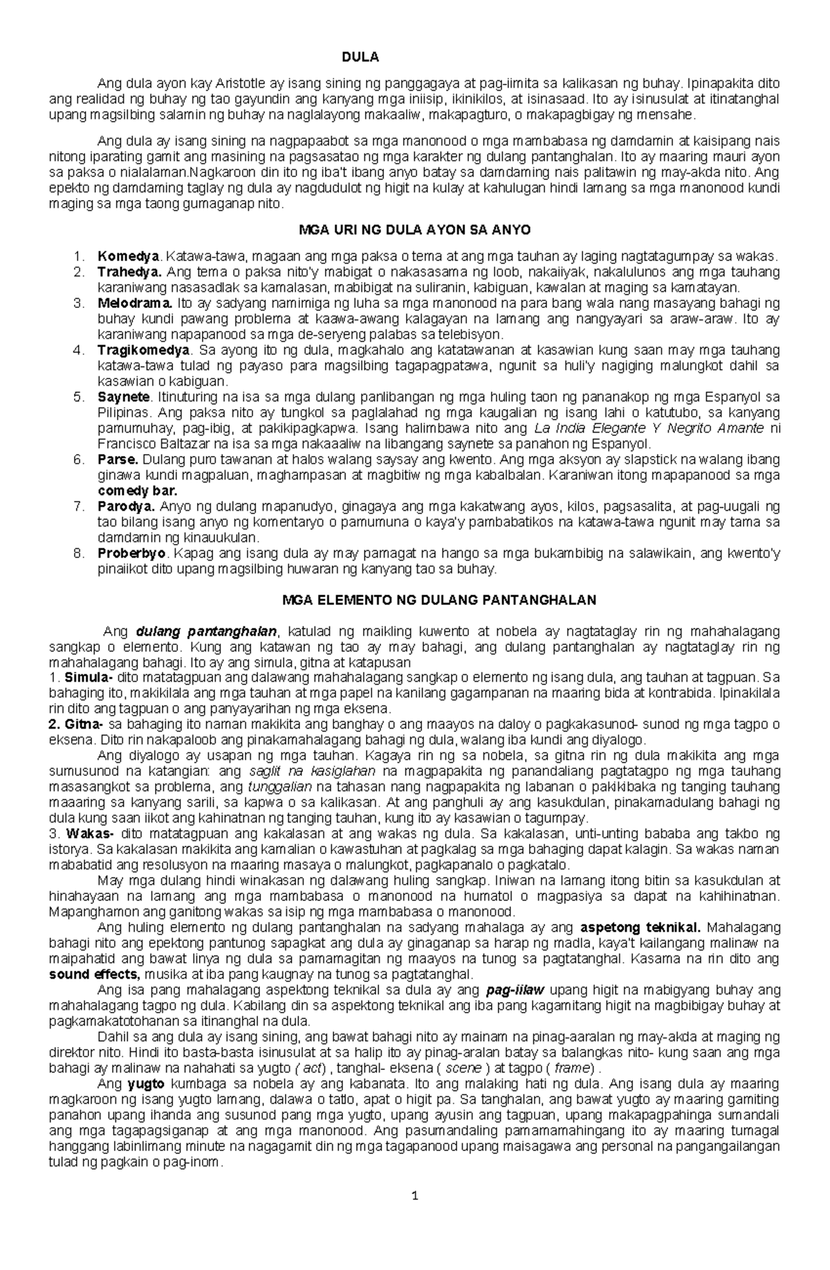Aralin 2: DULA - Mga Elemento at Uri ng Dula ayon kay Aristotle - Studocu