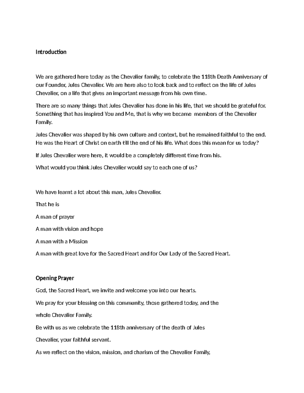 Death Anniversary Prayer for Fr. Jules Chevalier - Studocu
