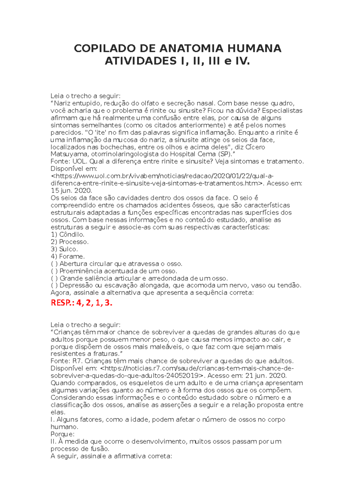 Compilado de Anatomia Humana: Atividades e Questões de Estudo - Studocu