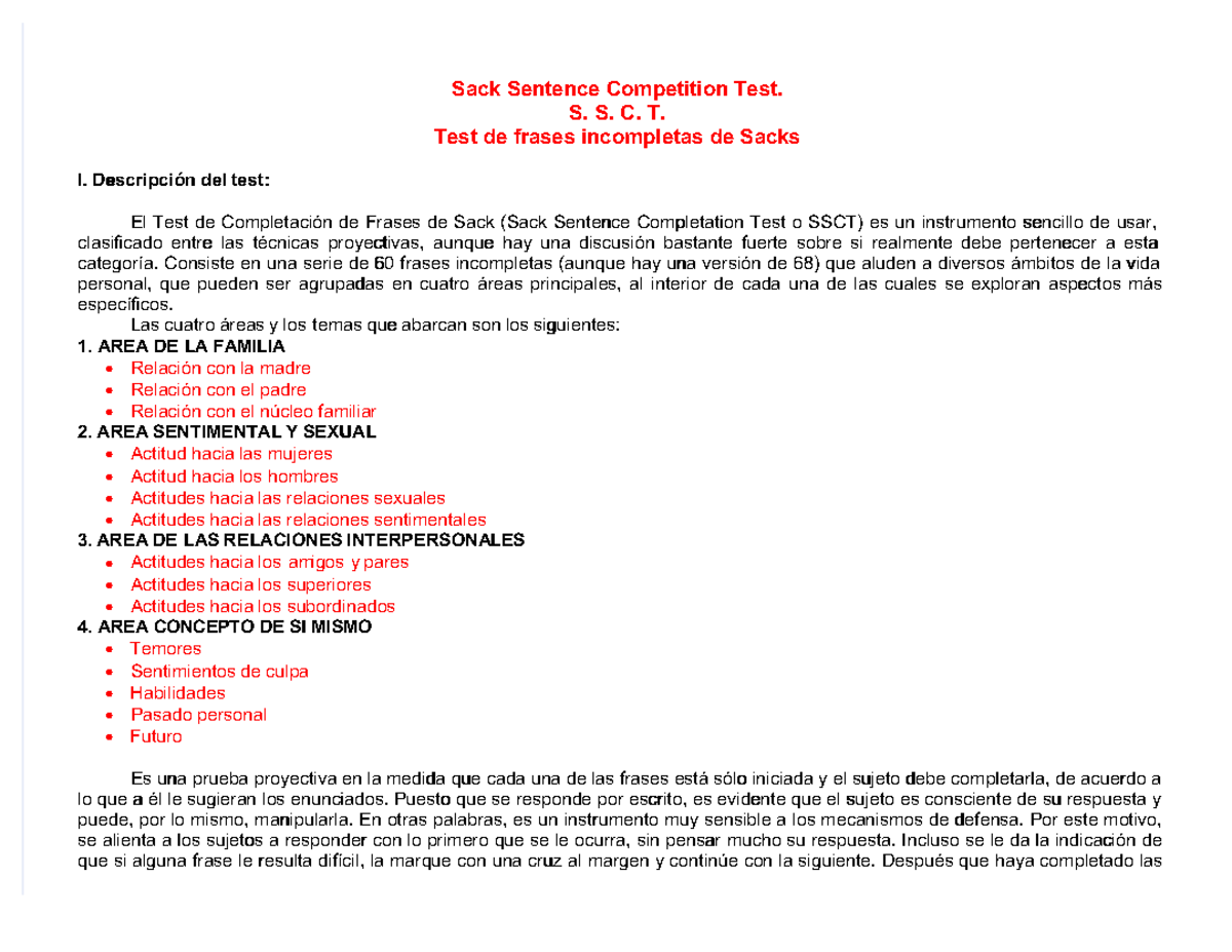 Sack Sentence Completion Test (SSCT) para Niños y Adolescentes - Studocu