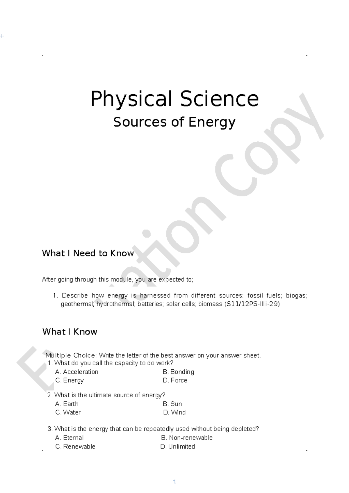 S11/12PS-IIIi-29 Final Module on Sources of Energy (2425) - Studocu