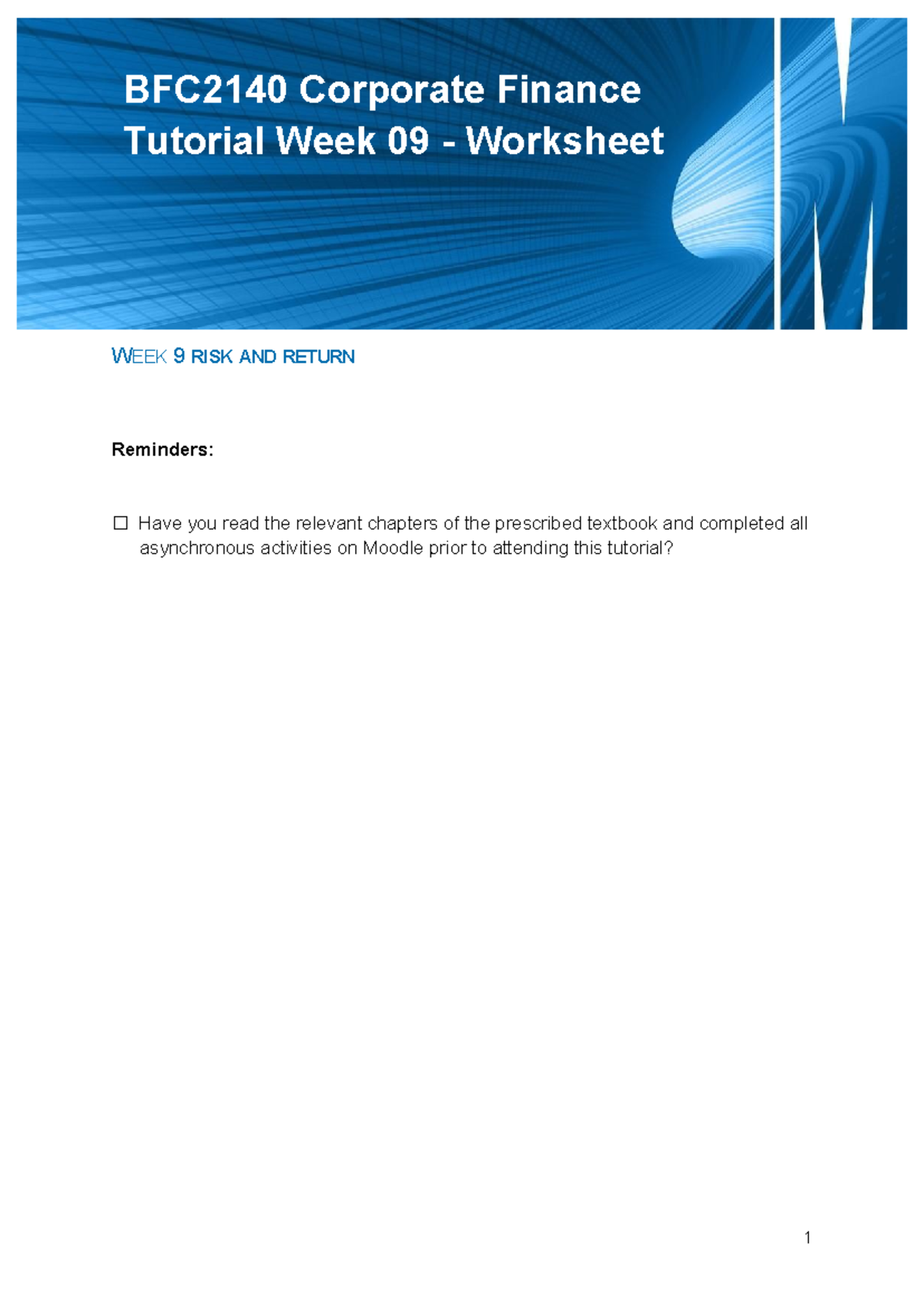 Week 09 BFC2140 Corporate Finance Tutorial Worksheet: Risk & Return ...