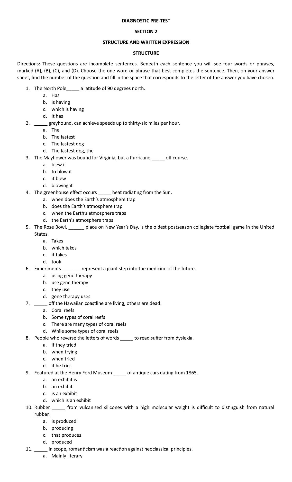 Diagnostic Pre-Test: Structure & Written Expression - Part Two - Studocu