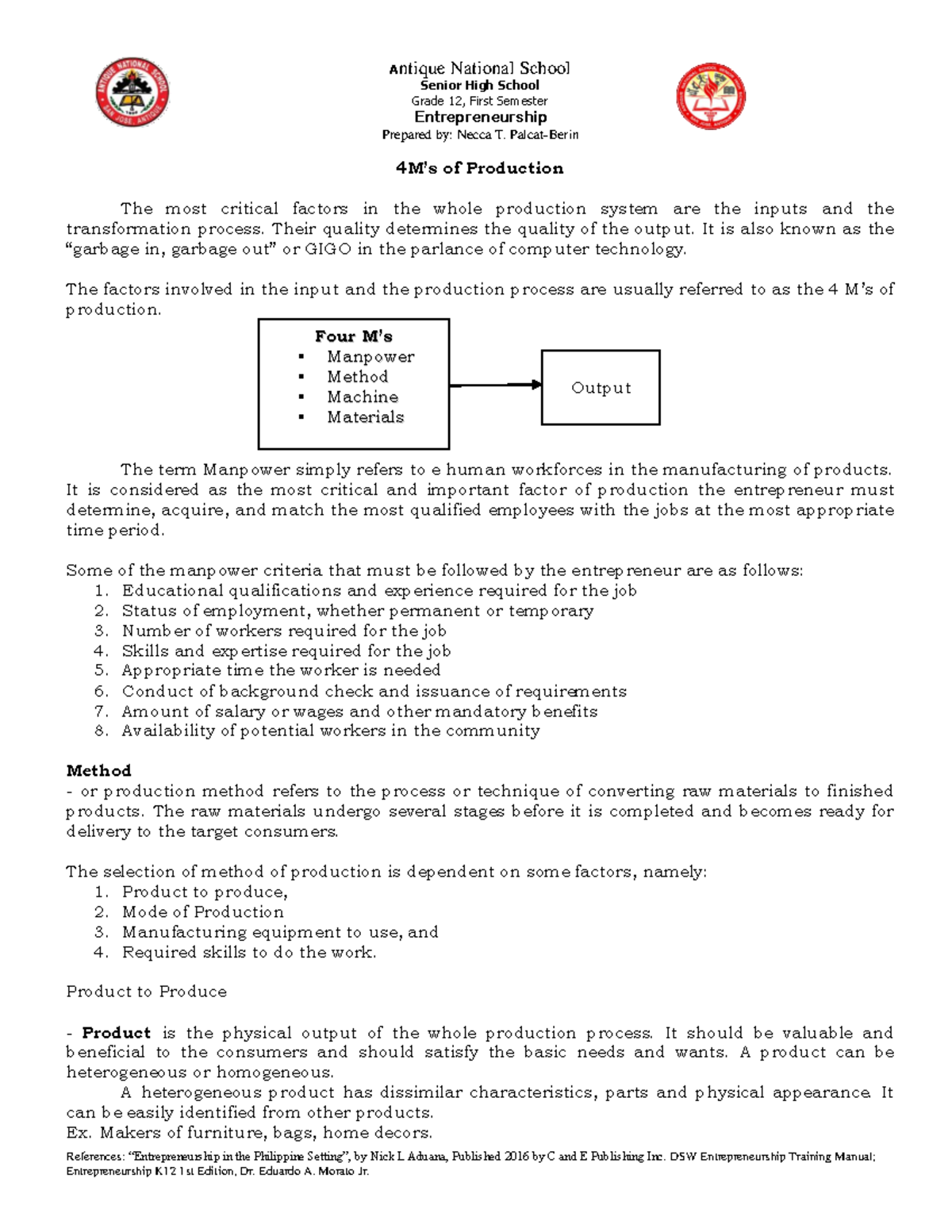 Entrep 12: Handouts on 4 M's of Production for Senior High School - Studocu
