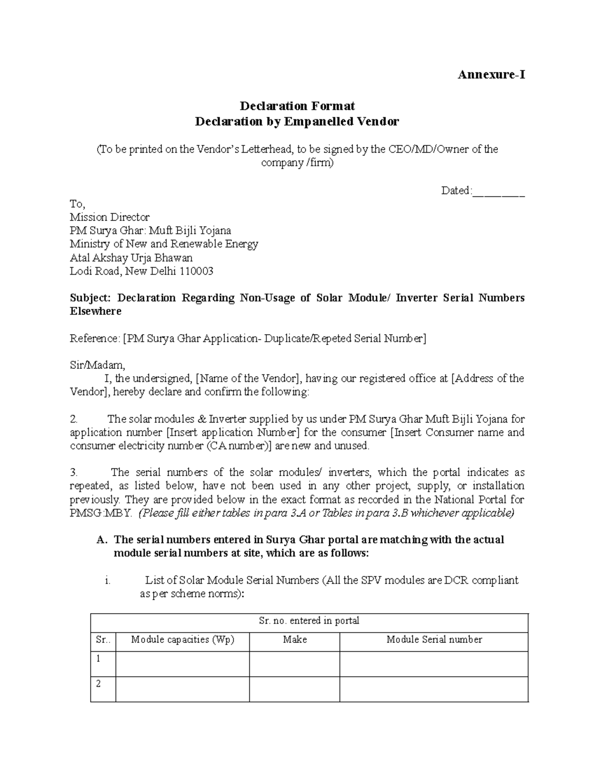 Declaration Format for Empanelled Vendor - PM Surya Ghar - Studocu