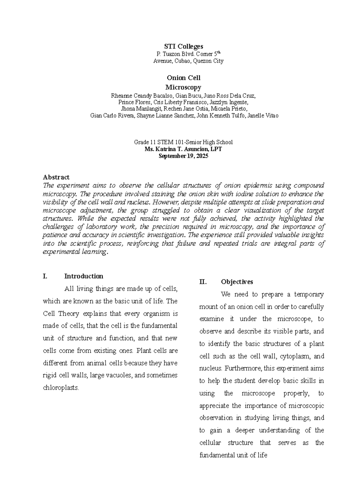 Onion Cell Microscopy Experiment - Grade 11 STEM Insights - Studocu