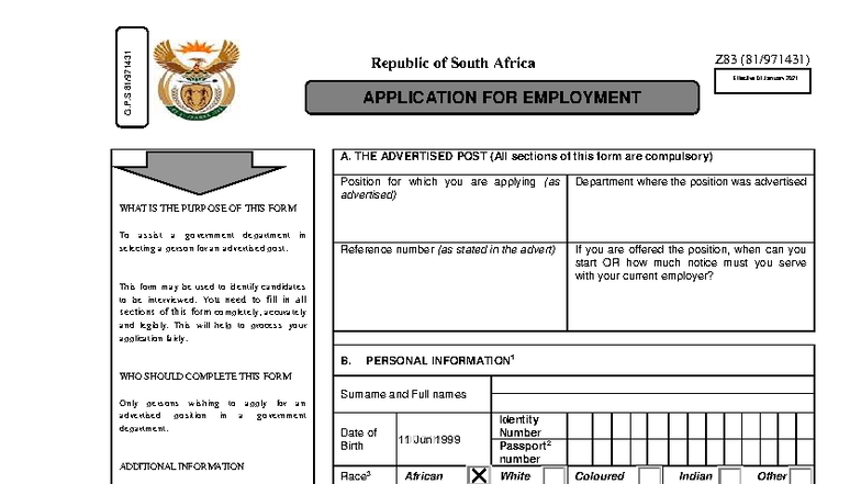 G.P.S Z83 Application for Employment Form (Effective 2021) - Studocu