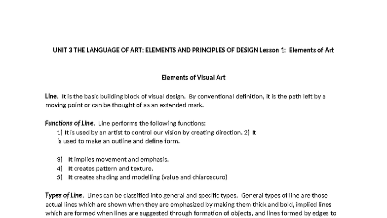 UNIT 3: The Language of Art - Elements & Principles of Design Lesson 1 ...