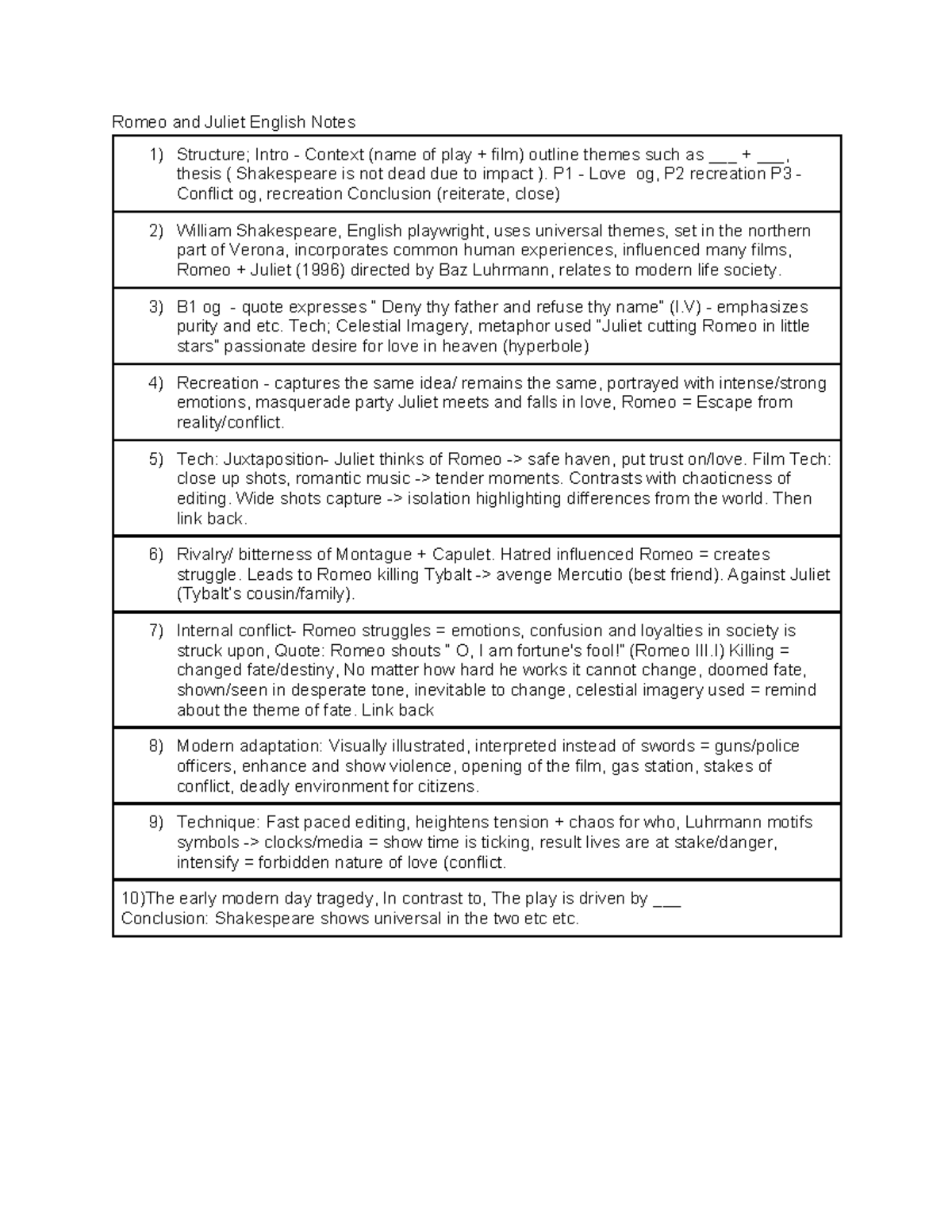 Year 10 (ENG) 2025 Romeo and Juliet: Comprehensive Study Notes - Studocu