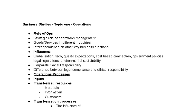 Business Studies - Topic 1: Strategic Role of Operations Management ...