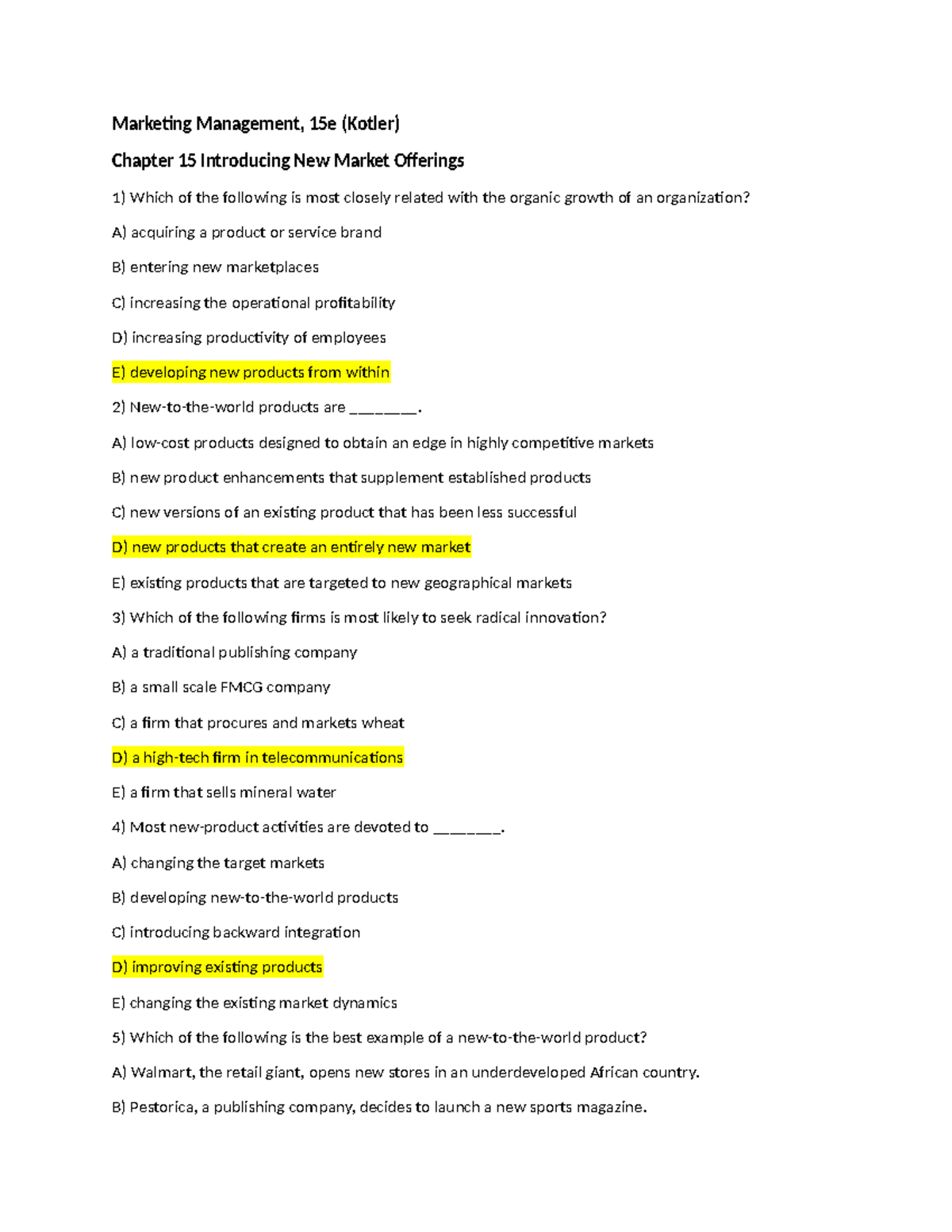Marketing Management, 15e (Kotler) Chapter 15 Q&A on New Market ...