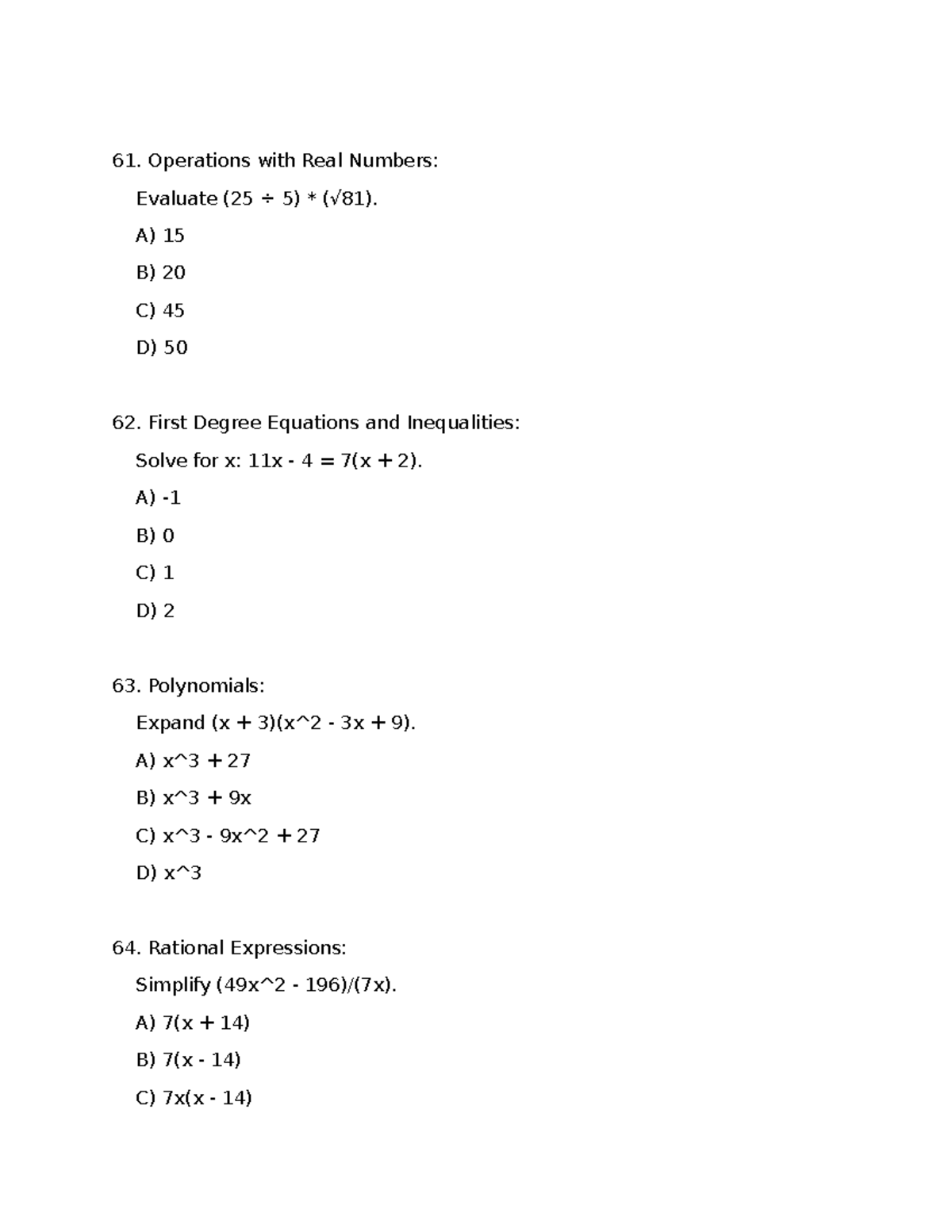 Set 7 - MCQ: Operations, Equations, Polynomials & Trigonometry - Studocu