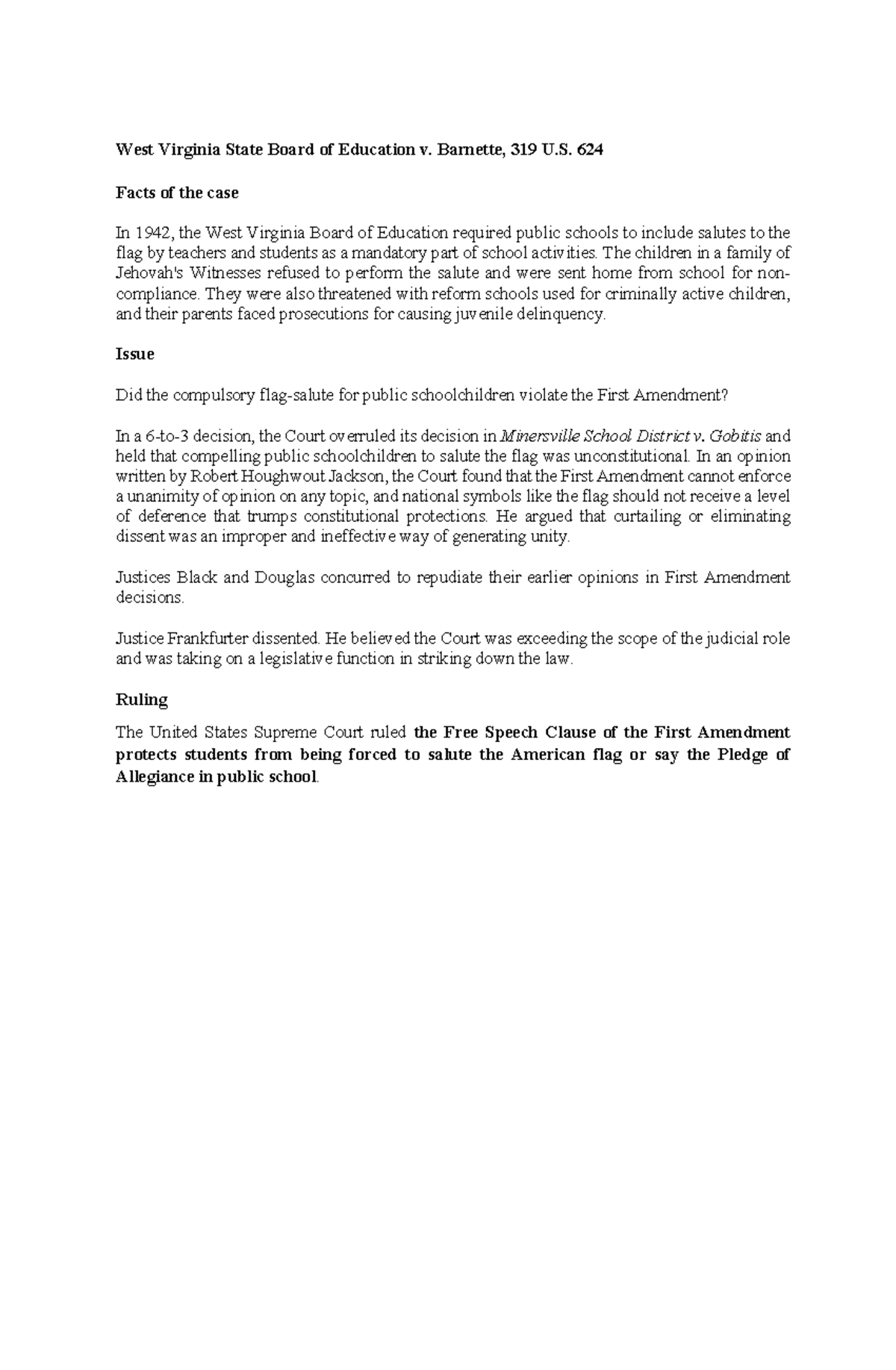 West Virginia Board of Education v. Barnette (319 U.S. 624) Case ...