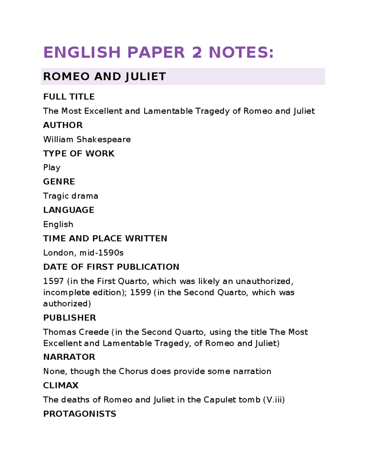 ENGLISH PAPER 2 NOTES: ROMEO AND JULIET THEMES & CHARACTERS - Studocu