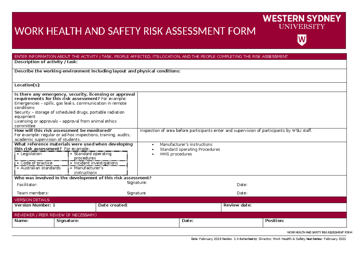 WSU Work Health & Safety Risk Assessment Form Template (Version 1.4 ...