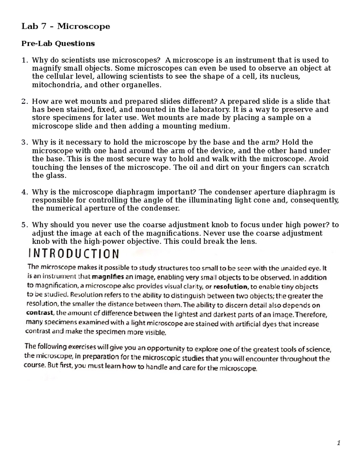 The Microscope Lab - Lab 7 – Microscope Pre-Lab Questions Why do scientists use microscopes? A ...