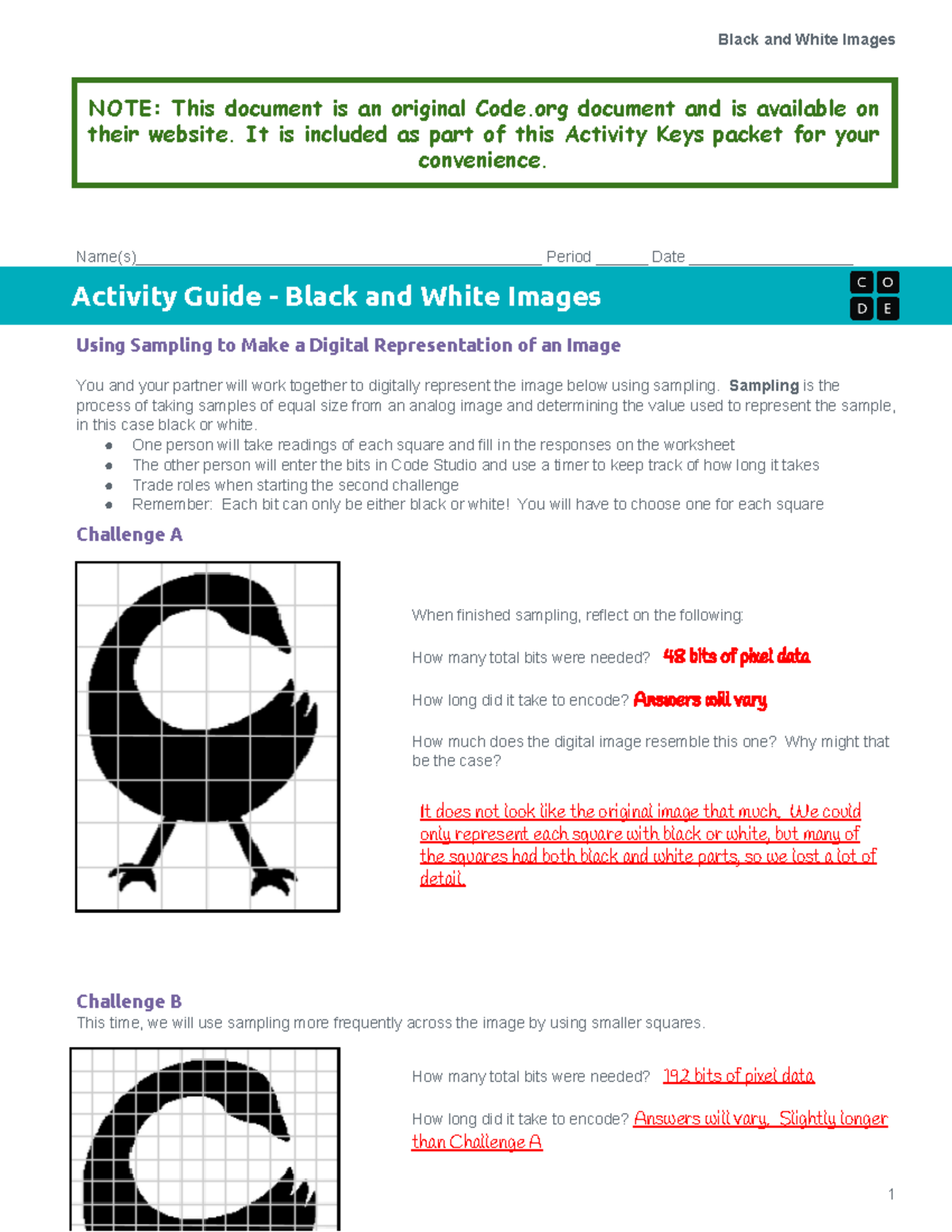 U1 L7 - Activity Guide: Sampling Black & White Images - Studocu