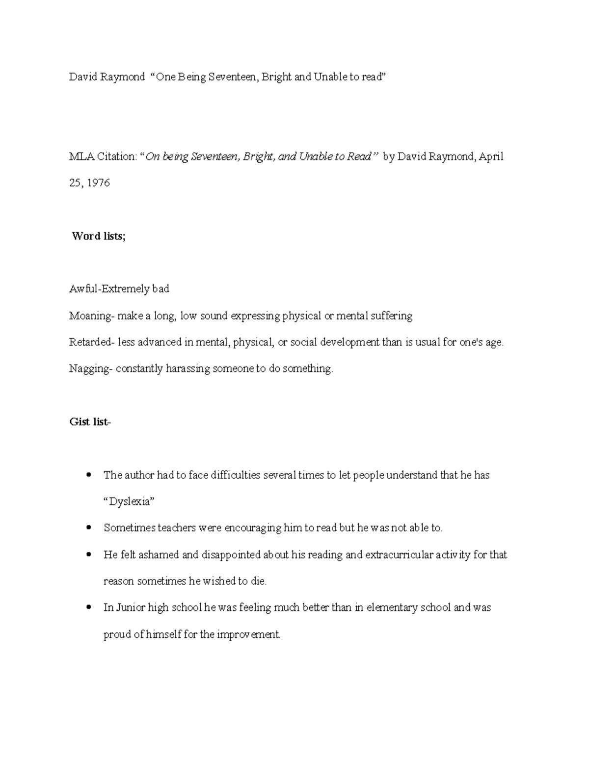ENG 101: Summary, Word List, and Gist of David Raymond's Essay - Studocu