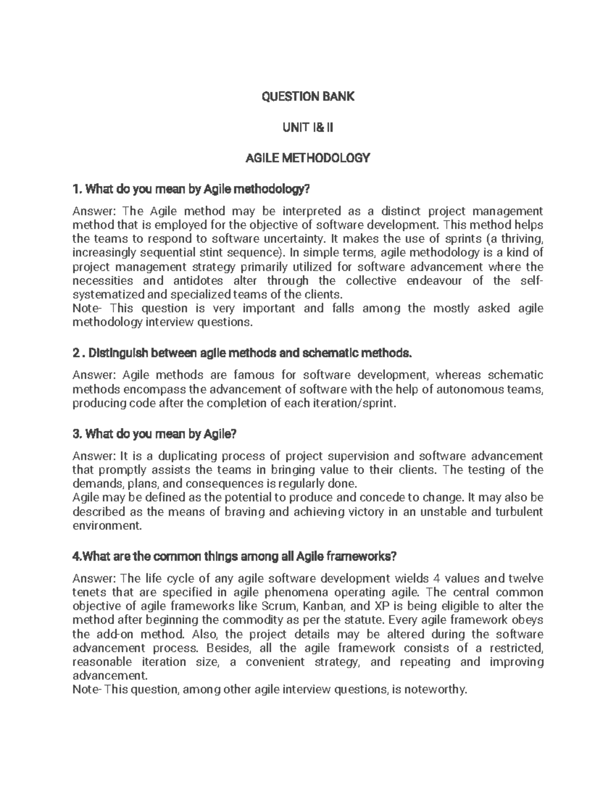 Question Bank - Agile Methodology Unit 1 & 2 Exam Notes - Studocu