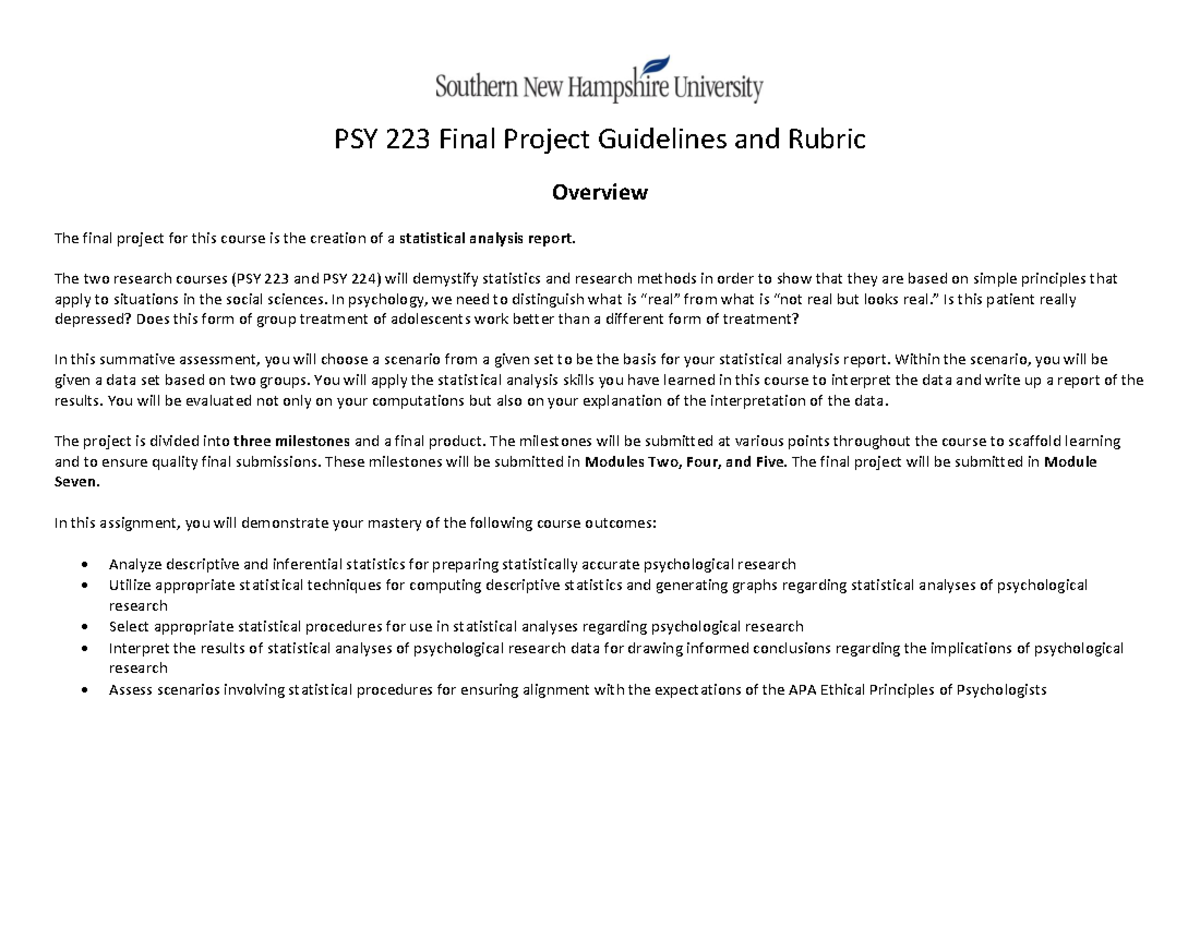 PSY 223 Final Project Guidelines: Statistical Analysis Report Rubric ...