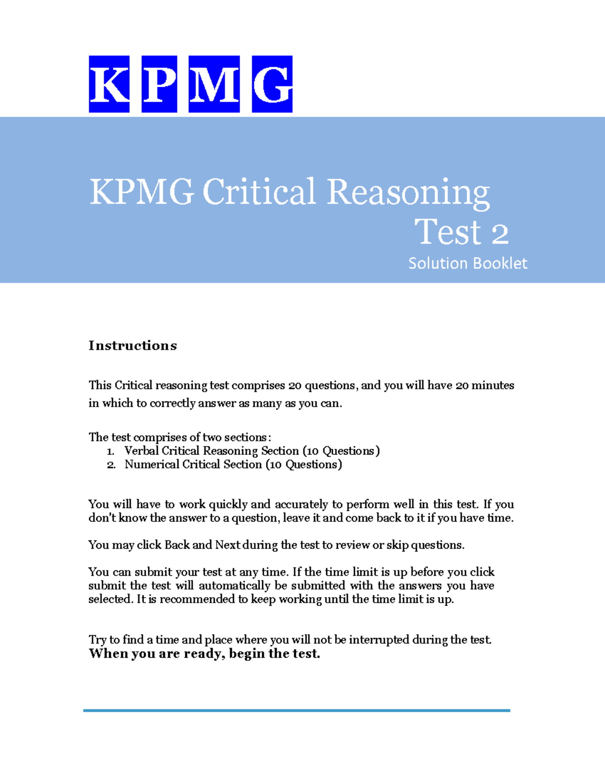 KPMG Critical Reasoning Test 2: Solutions and Instructions - Studocu