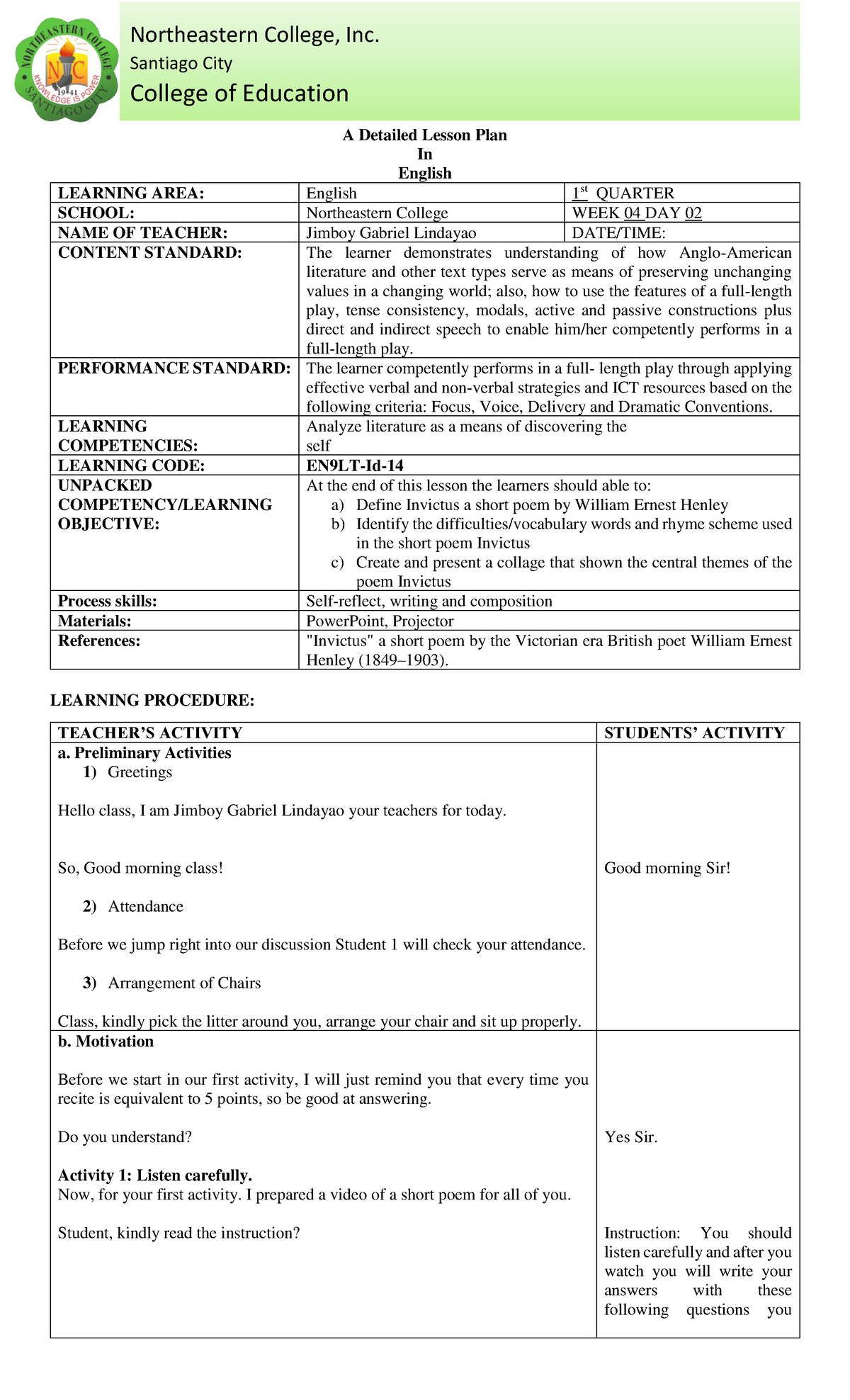 DLP Final - DETAILED LESSON PLAN - Santiago City College of Education A ...