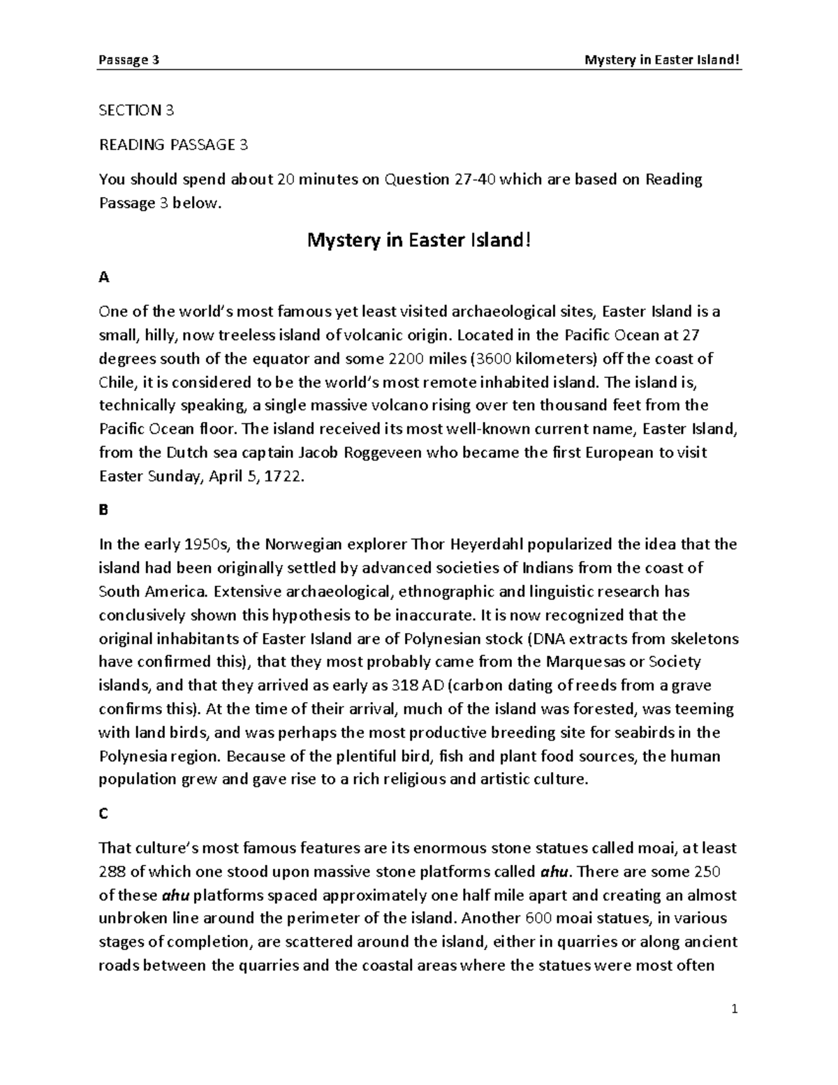 Passage 3 - Mystery in Easter Island: Reading Comprehension Q27-40 ...