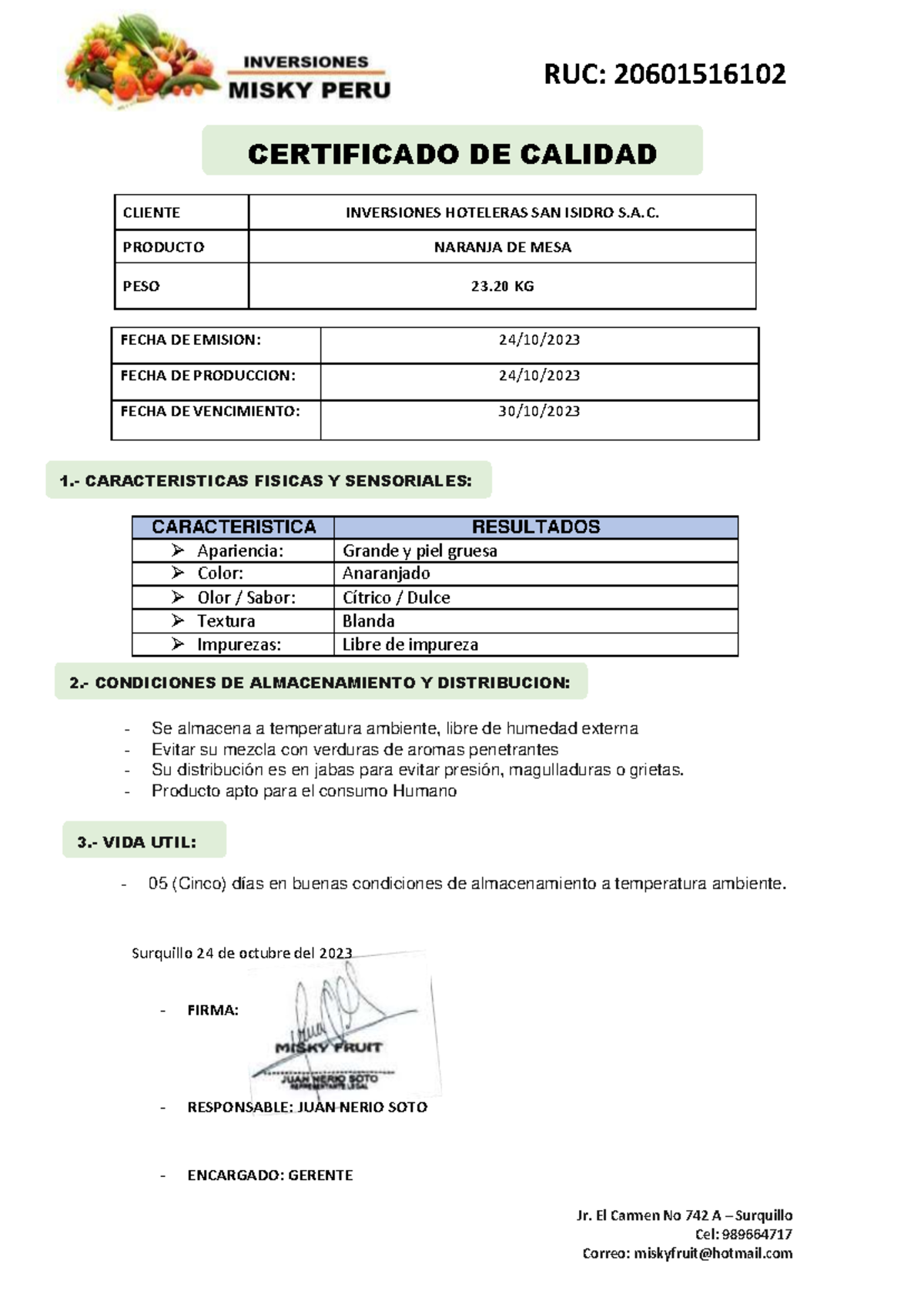 Certificado Vida Util Frutas