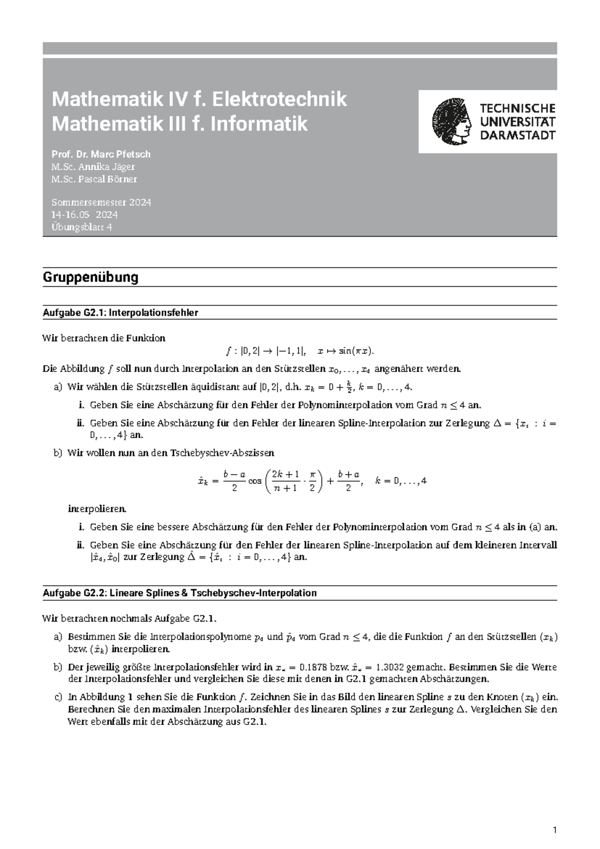 Übung 4: Interpolationsfehler & Splines – Numerik 2 (Mathematik IV ...