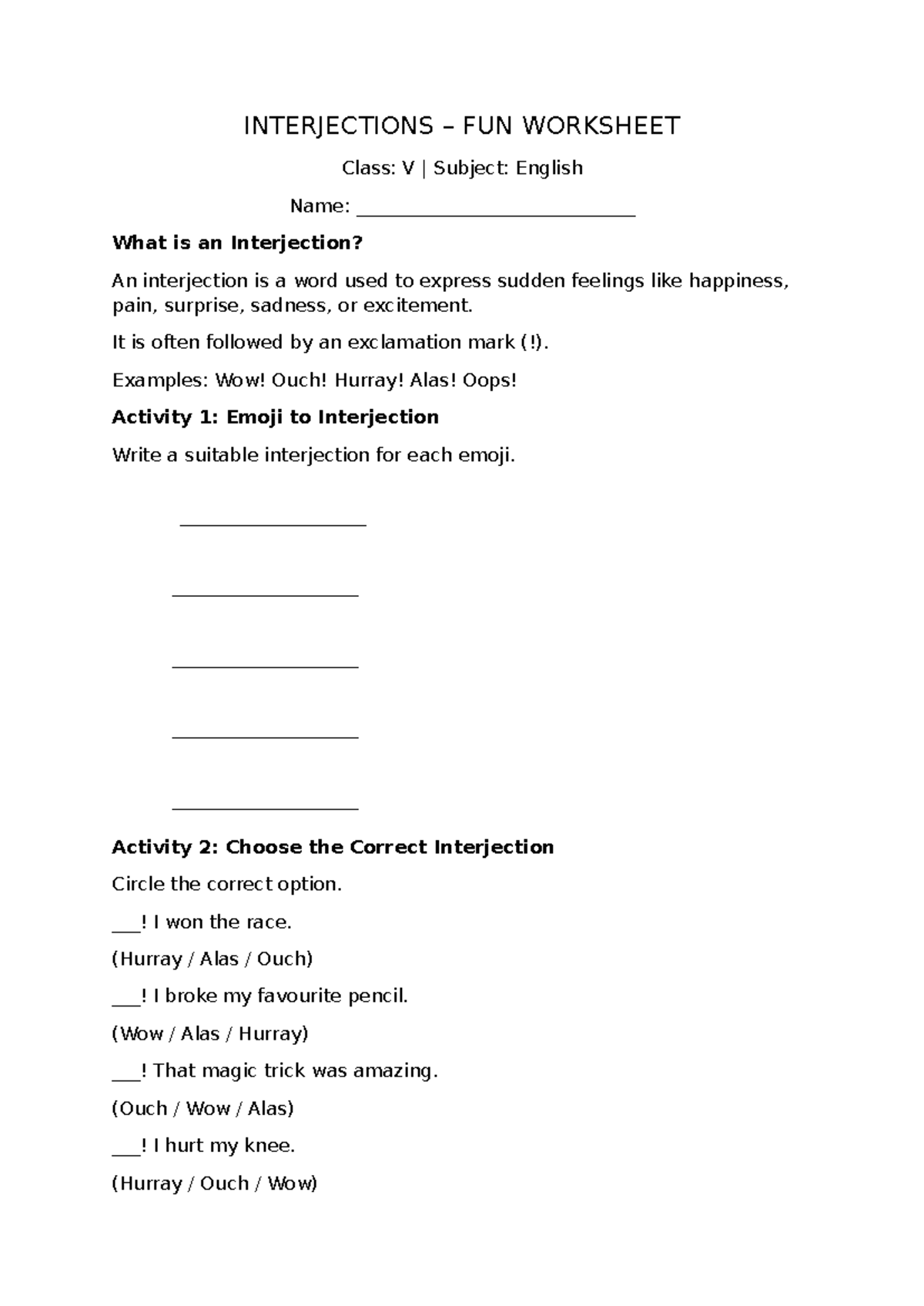 Interjections Fun Worksheet - Class V English - Studocu