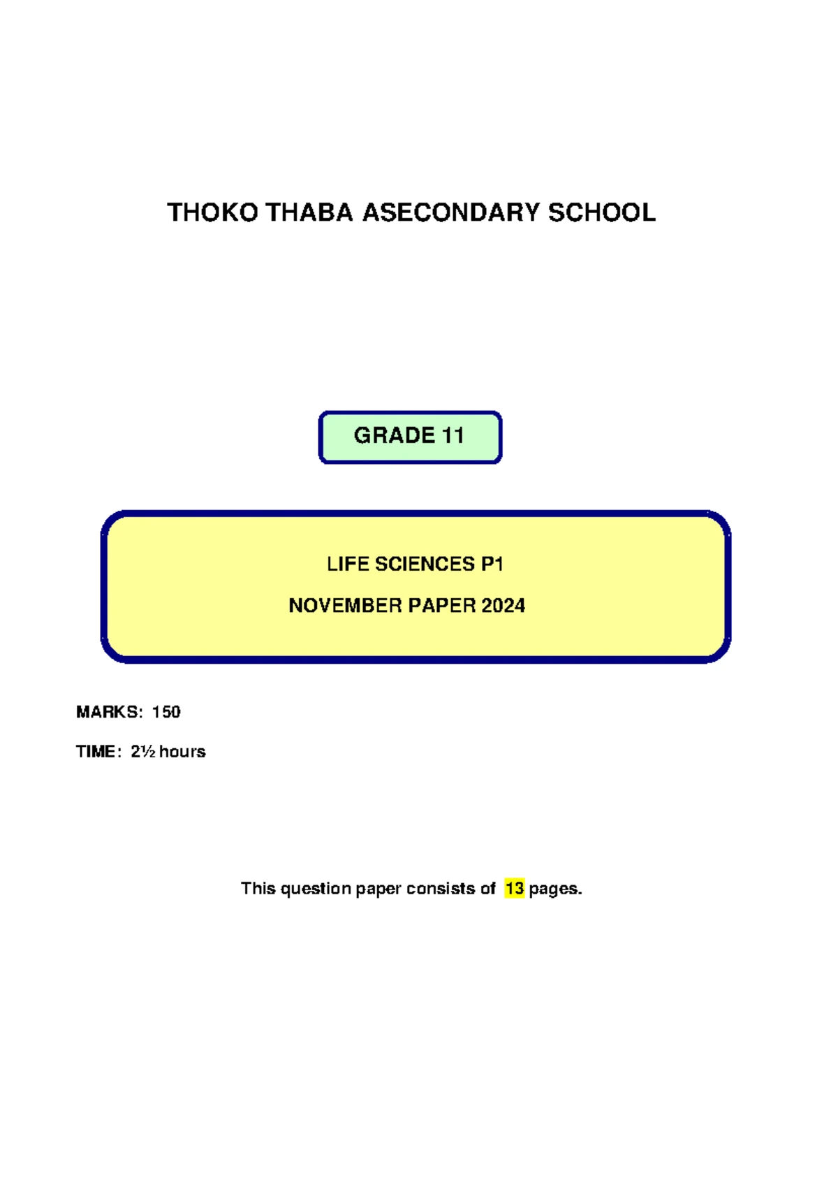 Grade 11 Life Sciences P2 Final Exam November 2024 - Question Paper ...